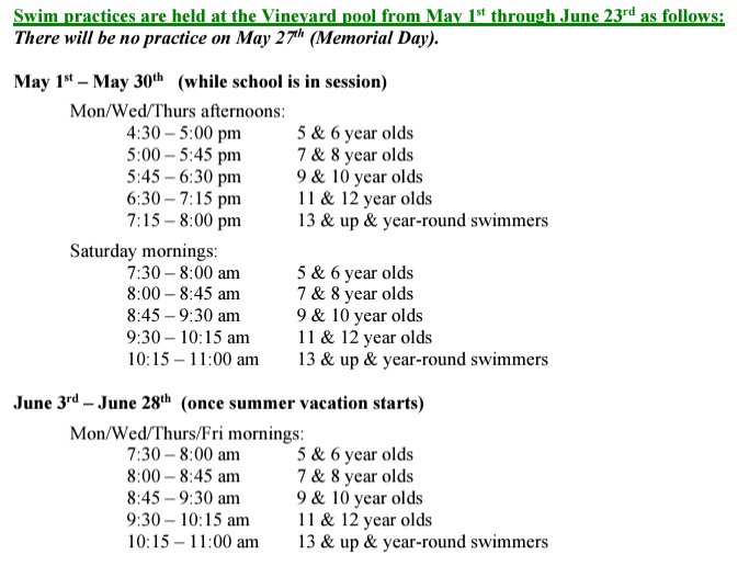 Swim Practice Schedule - Vineyard Vipers Swim Team