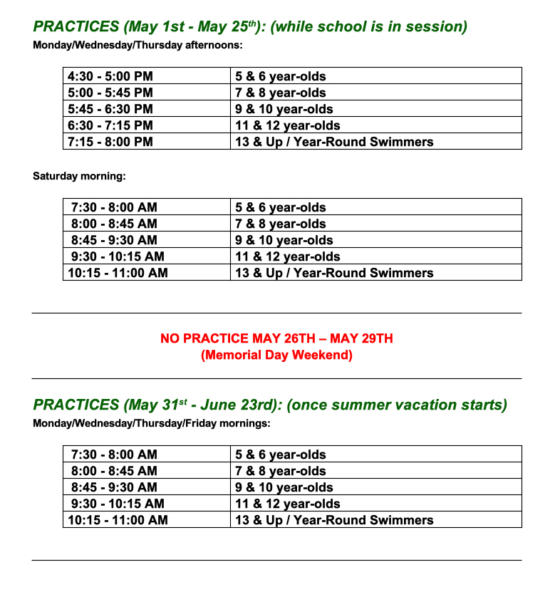 Swim Practice Schedule - Vineyard Vipers Swim Team