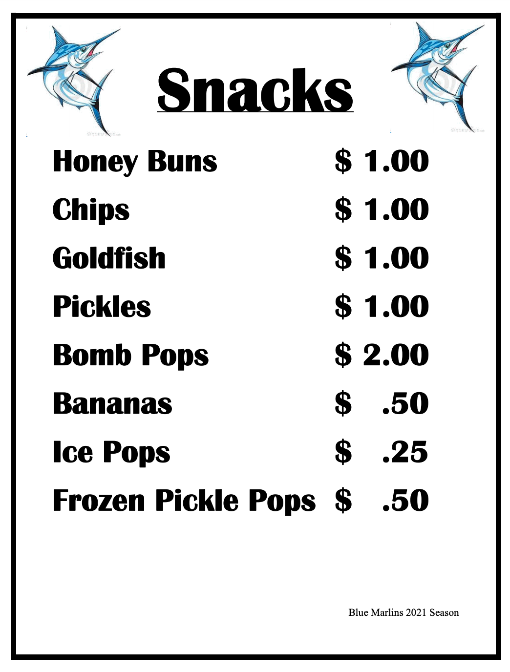 Concessions Menu - Blue Marlins Swim Team