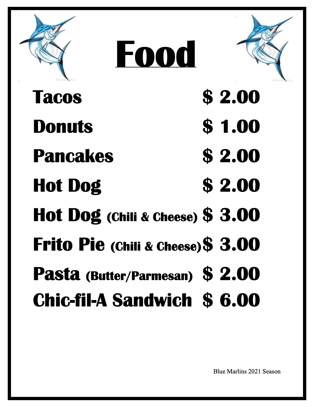 Concessions Menu - Blue Marlins Swim Team