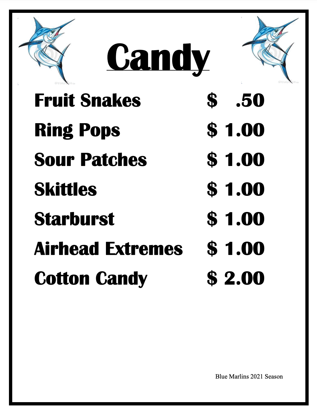 Concessions Menu - Blue Marlins Swim Team