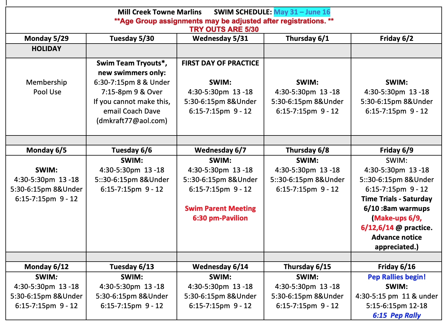 Swim Team Practice Schedule - MCT Marlins