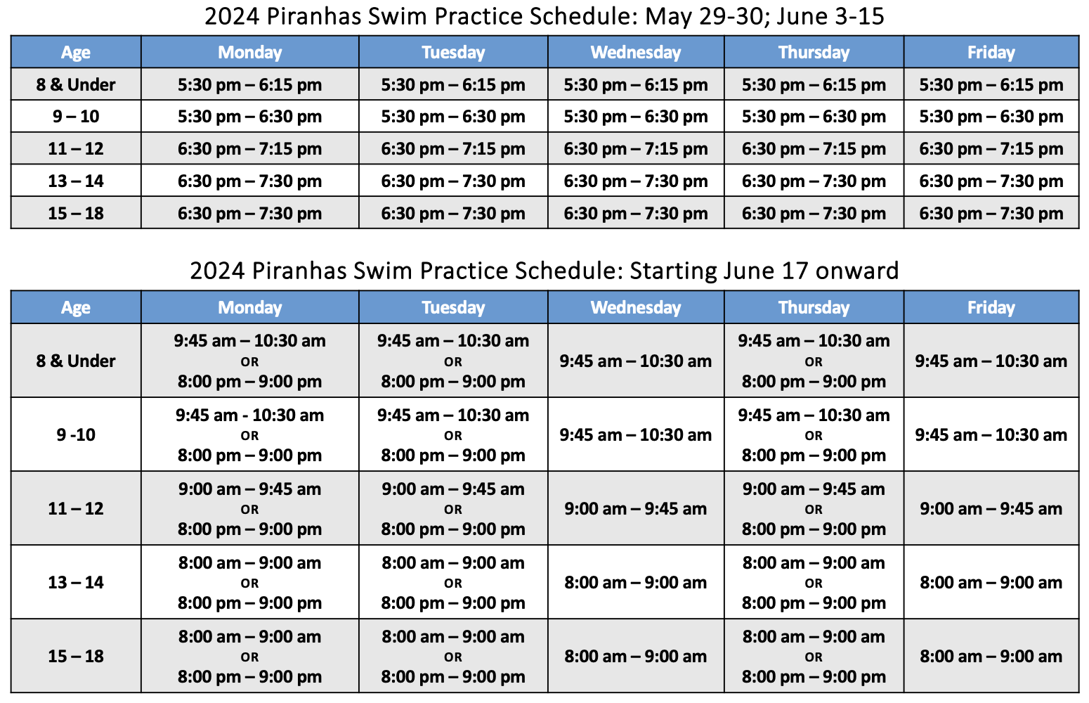 Practice Schedule - Poolesville Piranhas Swim Team