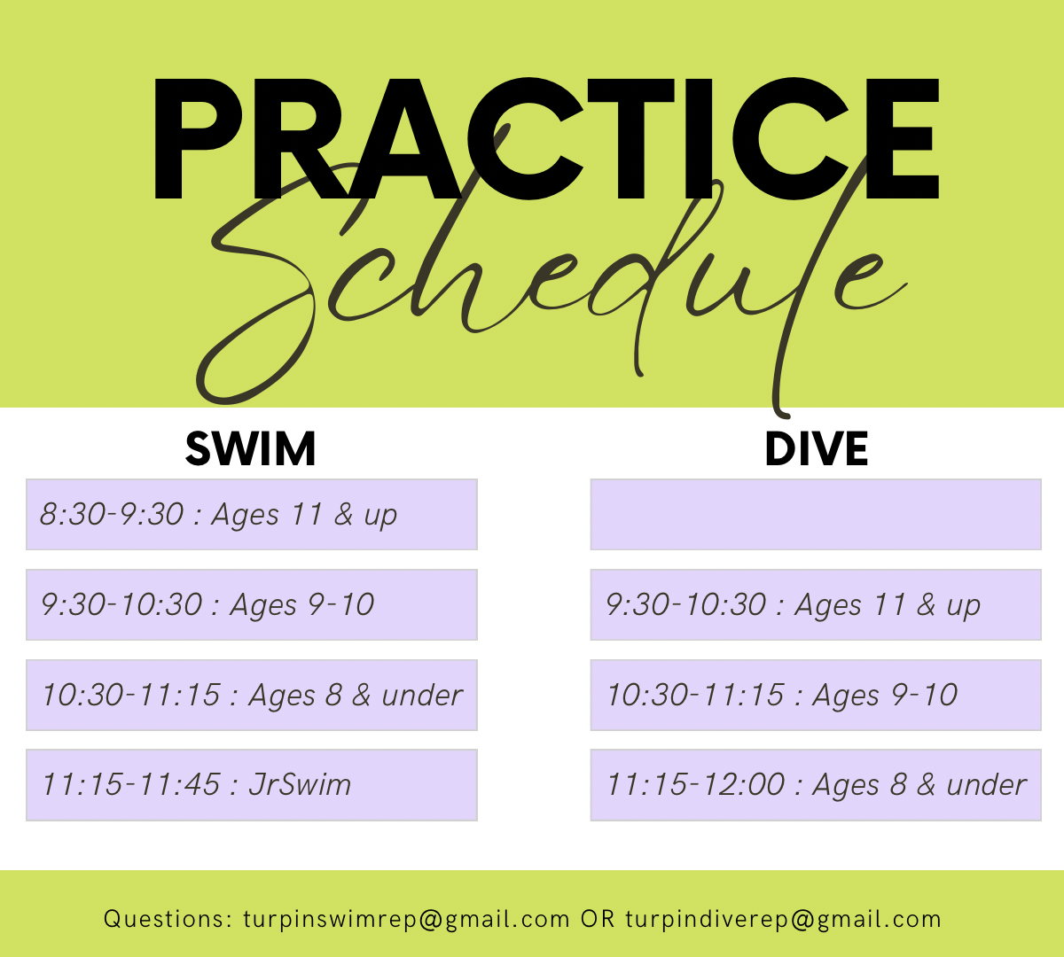Meet & Practice Schedule - Turpin Hills Swim & Dive