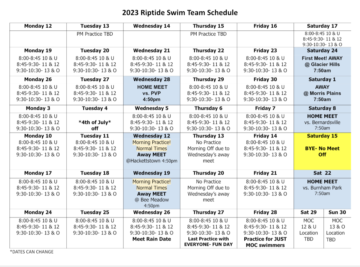 Team Practice Schedule - Chester Riptides